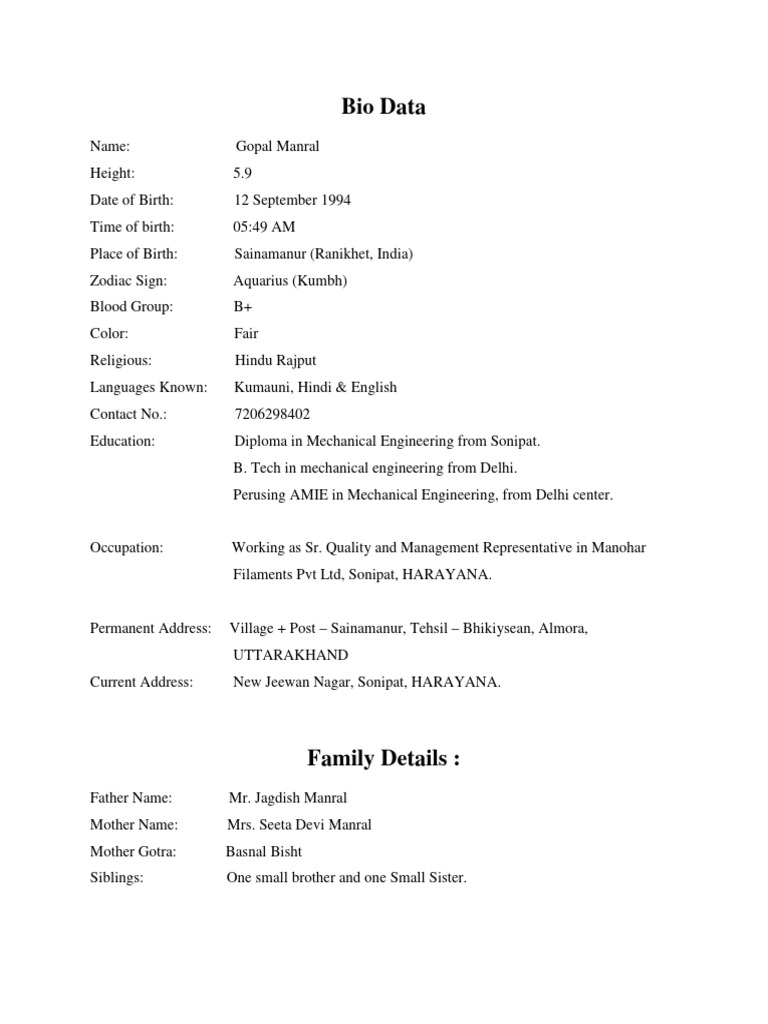 Bio data_Gopal vdkj | PDF