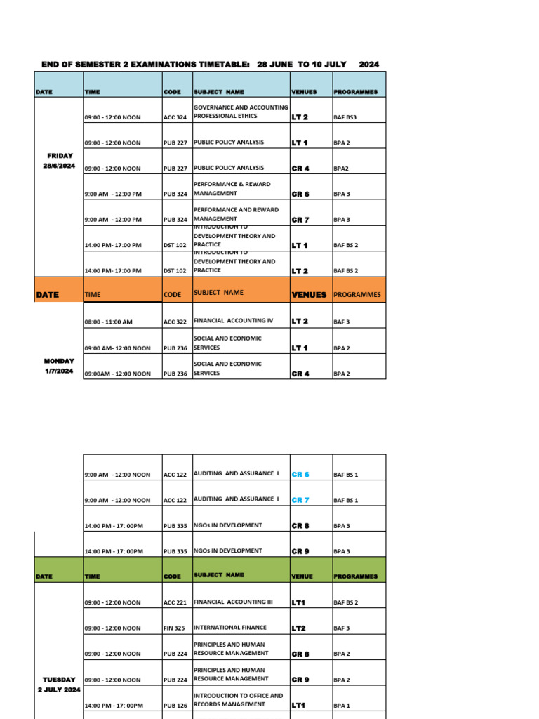 Last and Final Tegeta End of Semester 2 Tegeta Examinations Timetable | PDF