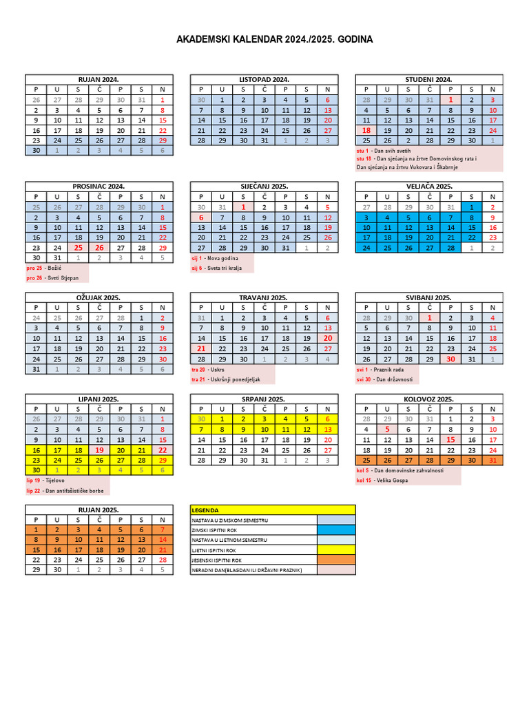 Akademski Kalendar 2024./2025. Godina: RUJAN 2024. LISTOPAD 2024 ...