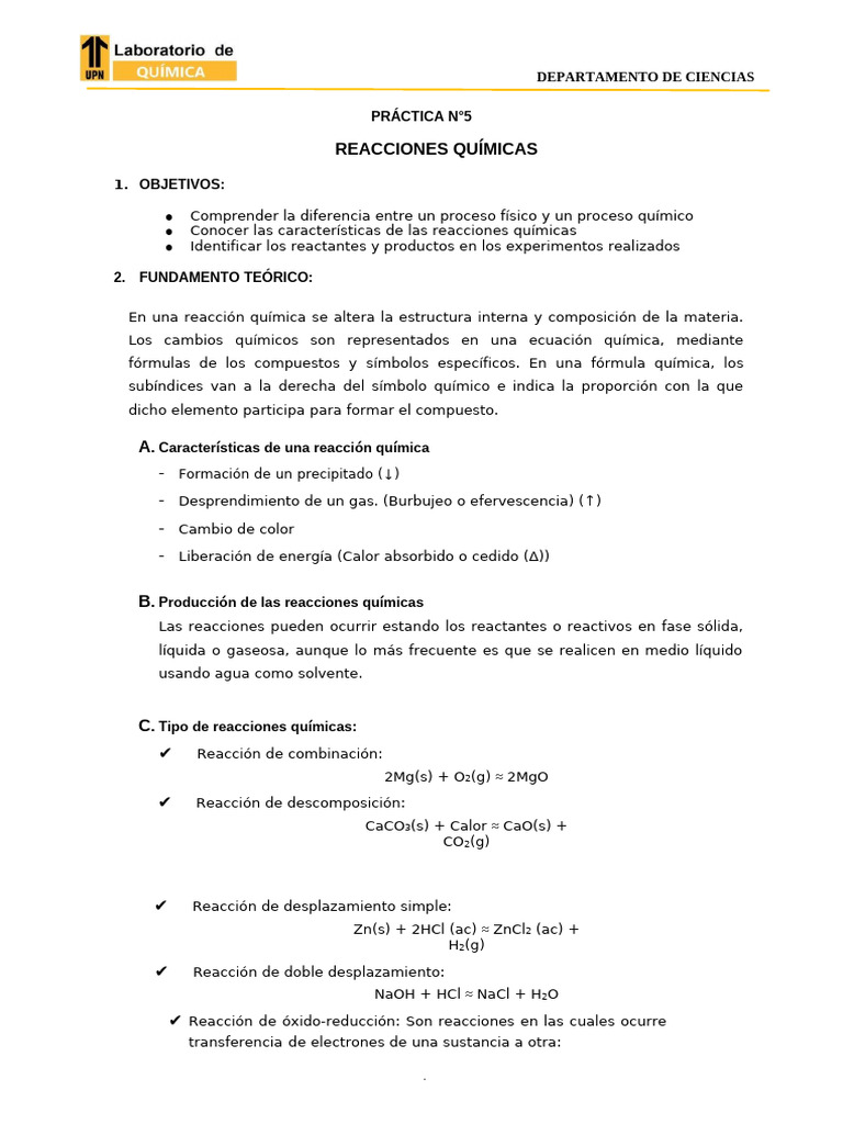 Práctica N°5 - Reacciones Químicas | PDF