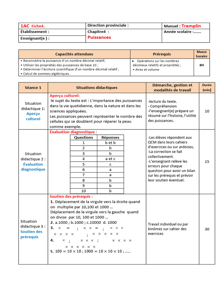 Puissances Fiches Pedagogiques Maths 1AC PDF 2 | PDF
