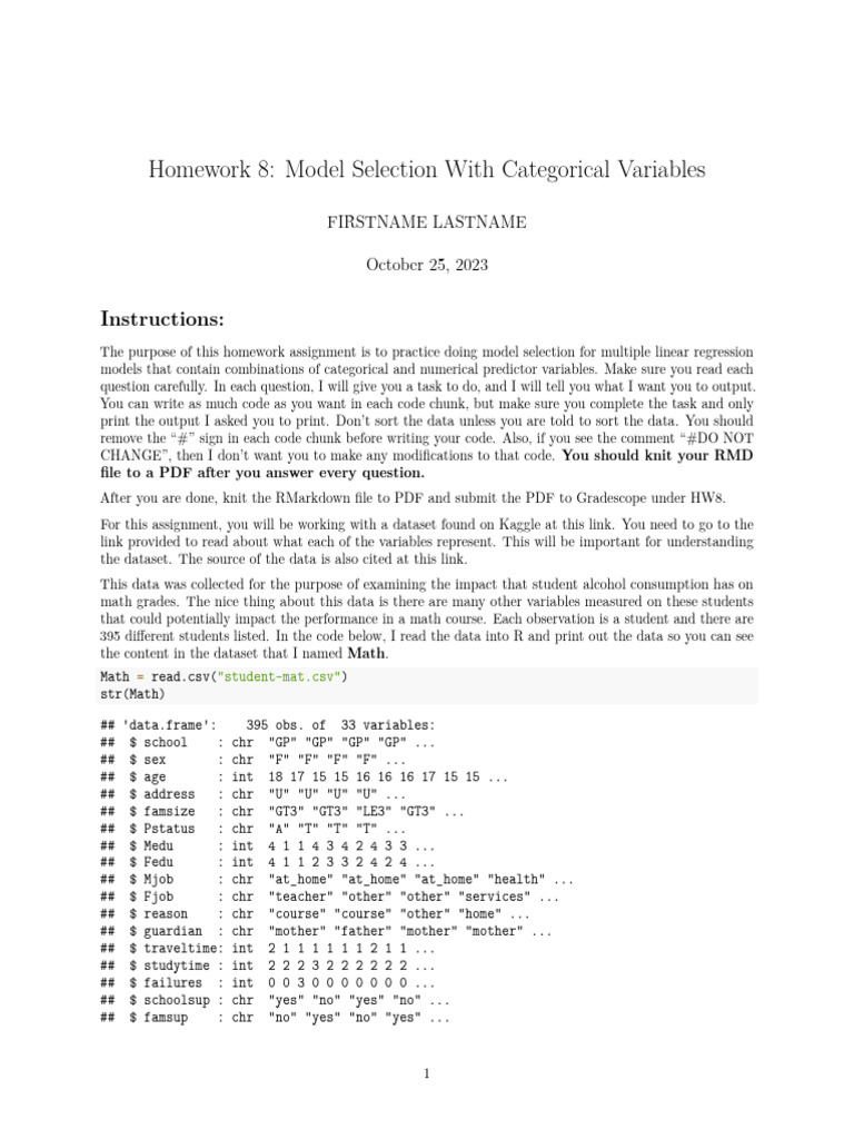 Homework 8: Model Selection With Categorical Variables: Instructions | PDF