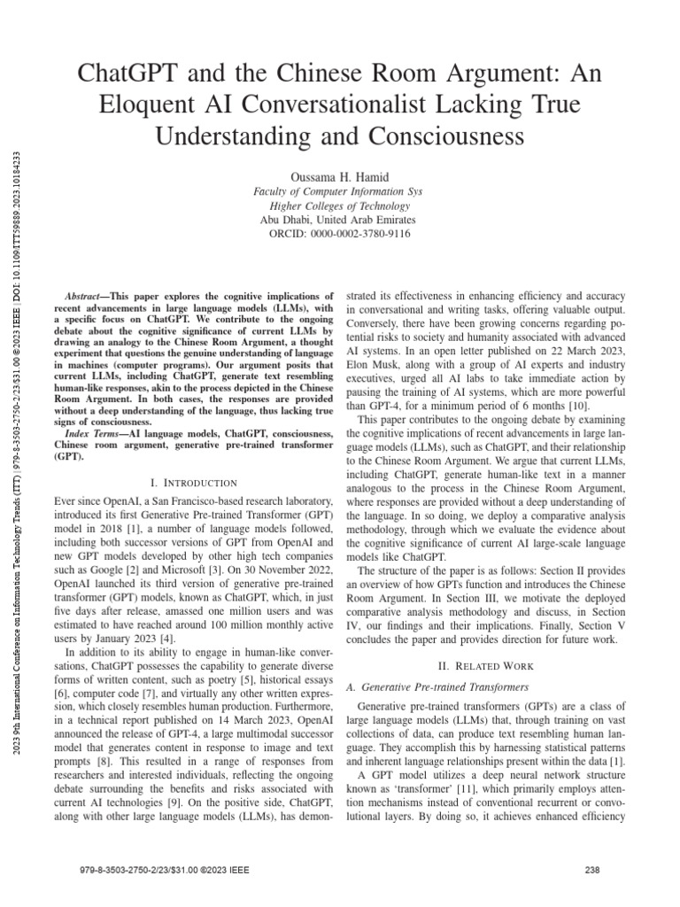 ChatGPT and The Chinese Room Argument An Eloquent AI Conversationalist ...