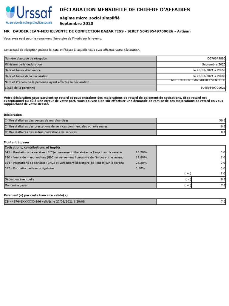 Urssaf Justificatif Declaration 2020 09 20230606 19h53 | PDF