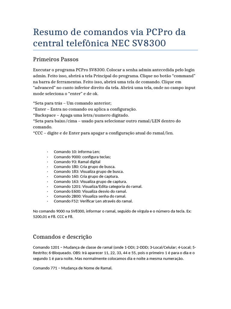 Resumo de Comandos Via PCPro Da Central Telefônica NEC SV8300 | PDF