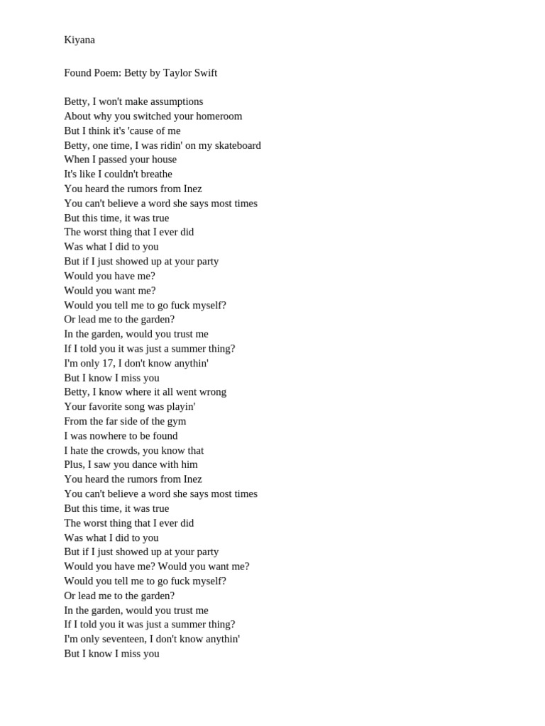 Betty - L&L Poem Lyrics | PDF