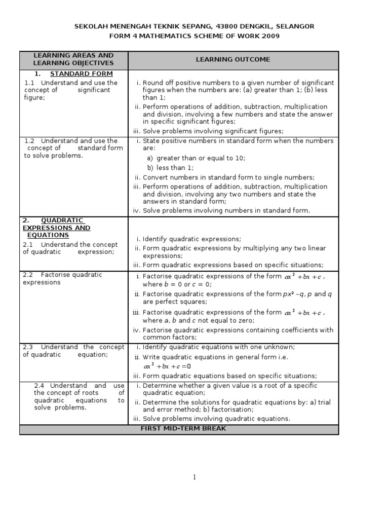 Form 4 Mathematics Scheme of Work | PDF | Trigonometric Functions ...
