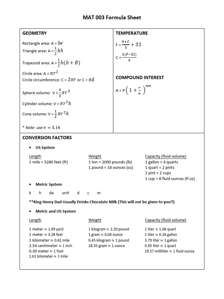 Formula Sheet | PDF