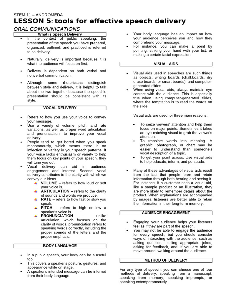 Lesson 5 Tools For Effective Speech Delivery: Oral Communications | PDF
