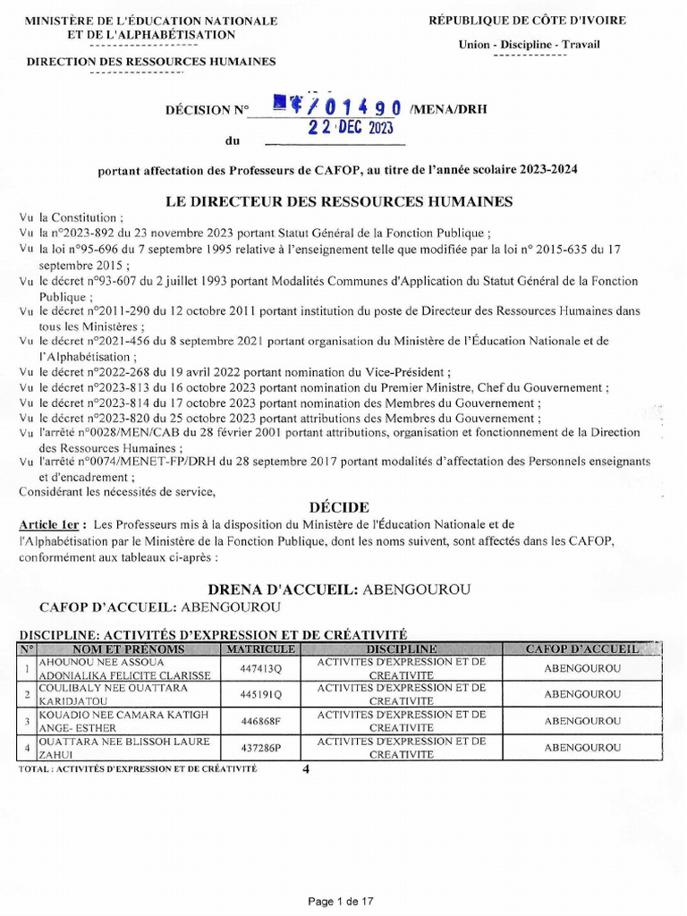 Affectation 2023 2024 Des Professeurs de Cafop | PDF