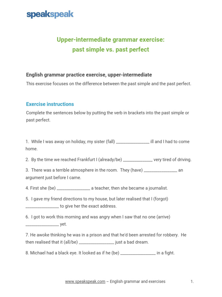 Handout Exercise Upper Inter Past Simple Vs Past Perfect | PDF