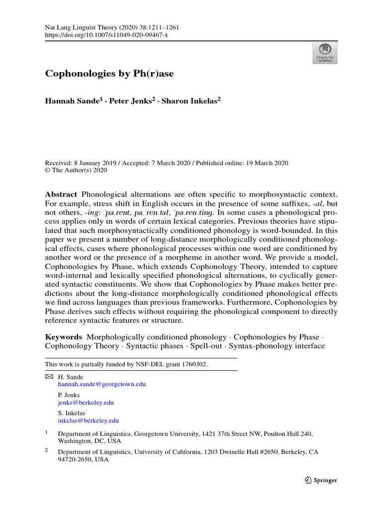 Cophonologies by PH (R) Ase: Hannah Sande Peter Jenks Sharon Inkelas | PDF