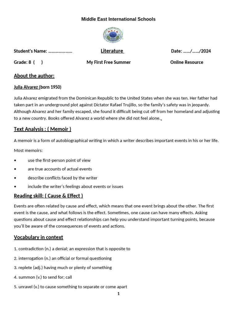 Julia Alvarez's My First Free Summer | PDF | Social Science | General ...