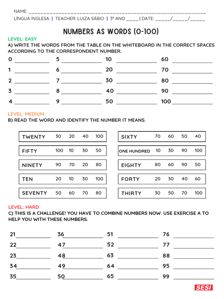 Numbers As Words (10-100) EFL and ESL Students | PDF