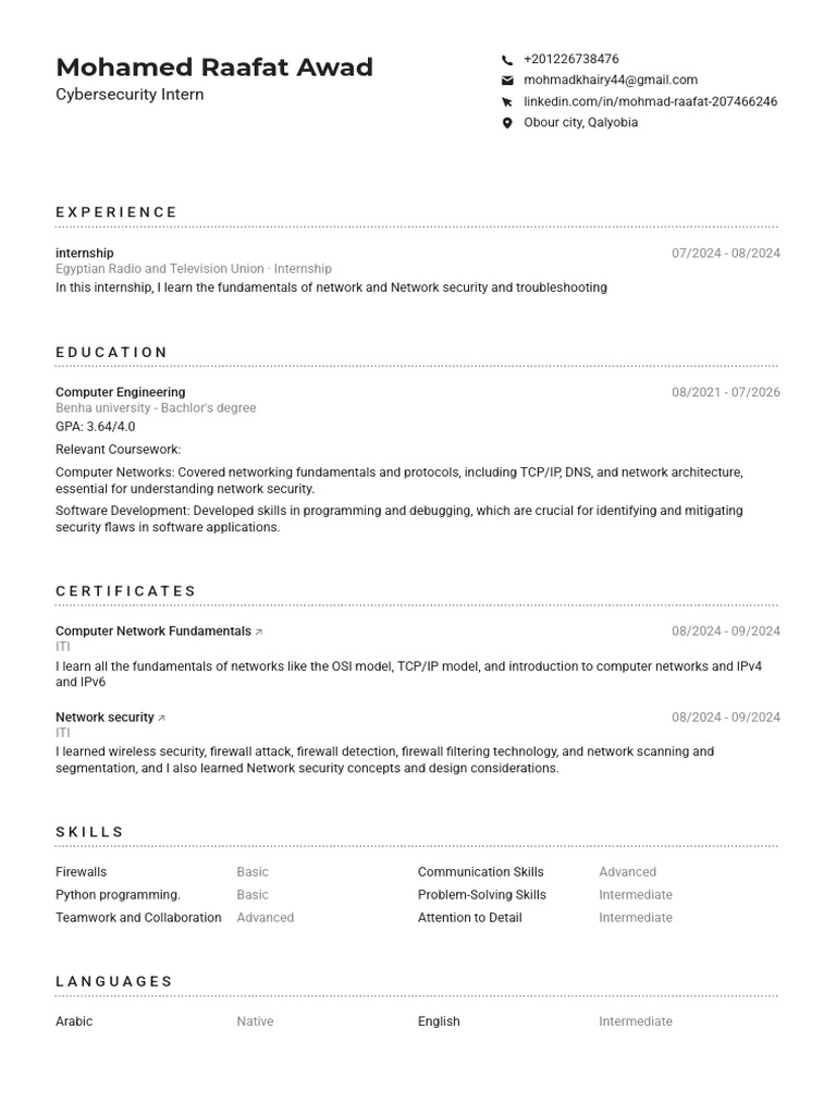 Mohamed Raafat Awad - Cybersecurity Intern - CV | PDF