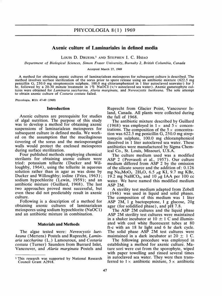 Axenic Culture of Laminariales in Defined Media - Louis D, Stephen T. | PDF