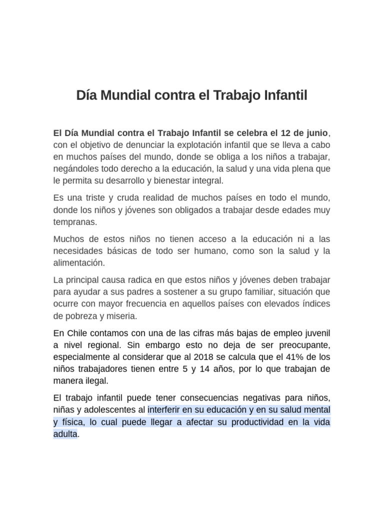 Día Mundial Contra El Trabajo Infantil | PDF | Salud y bienestar