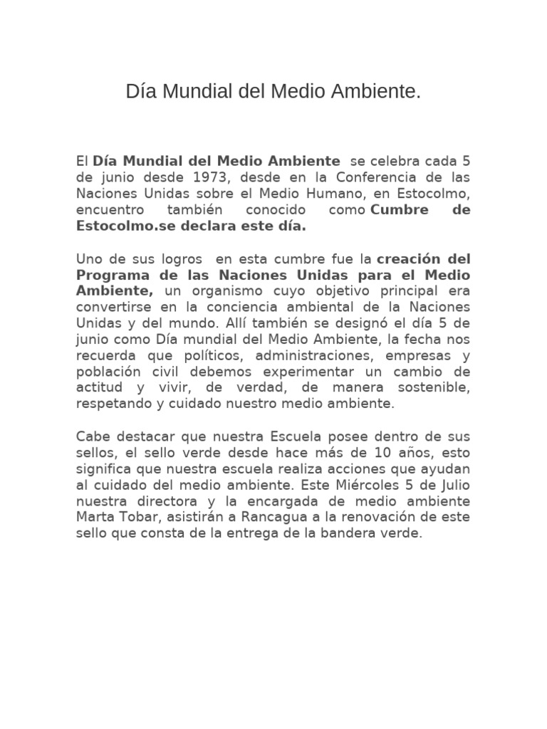 Día Mundial Del Medio Ambiente Efemeride. | PDF | Ciencia y matemáticas ...