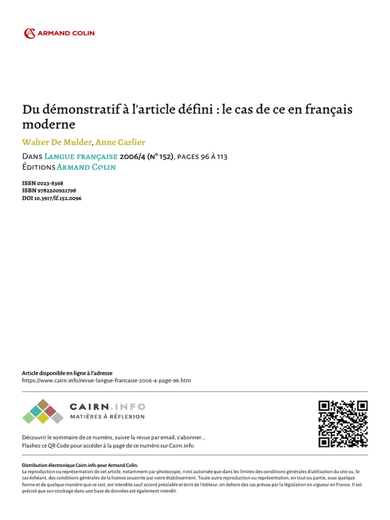 Du Démonstratif À L'article Défini - Le Cas de Ce en Français Moderne | PDF