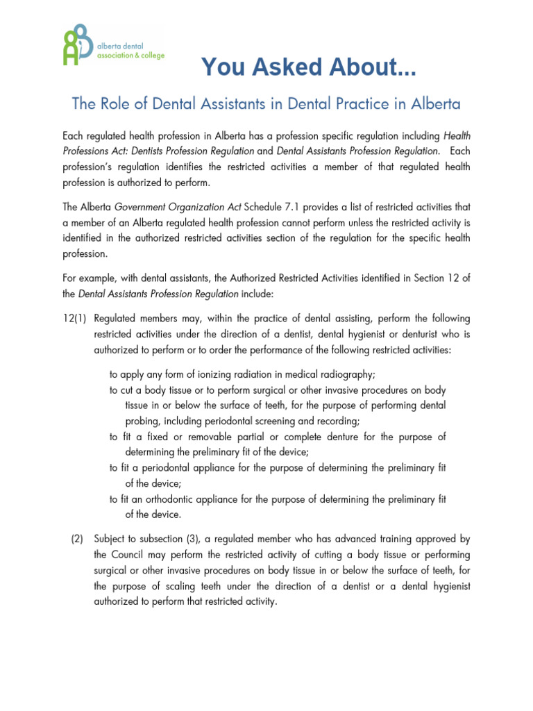 The Role of Dental Assistants in Dental Practice in Alberta | PDF