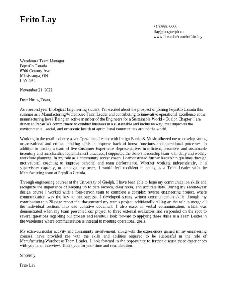 2.4 - Good Cover Letter Example 2 - PepsiCo Canada | PDF