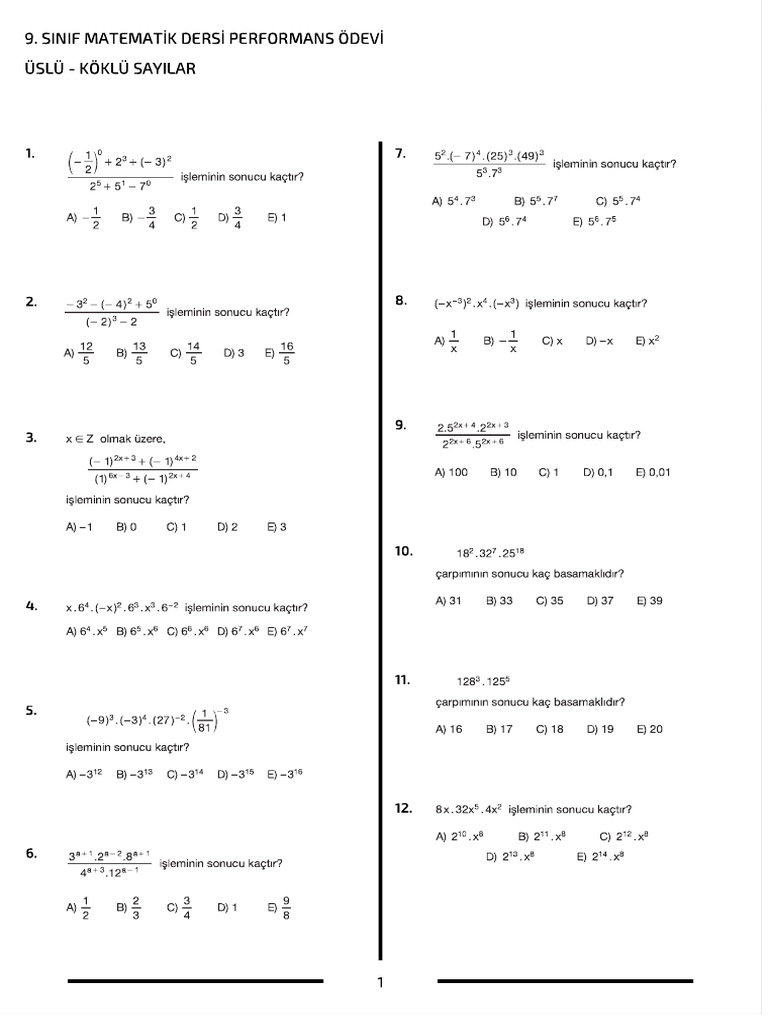 Üslü Köklü 9. Sinif Mat Performansi | PDF