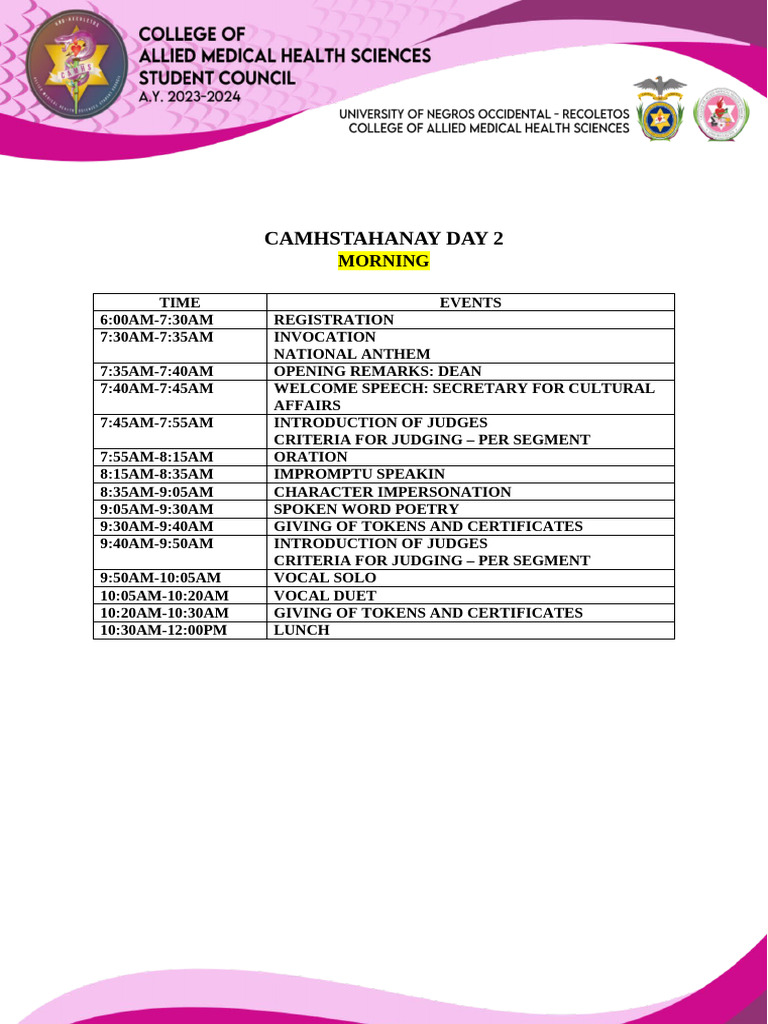 Camhstahanay Day 2 Program Flow | PDF