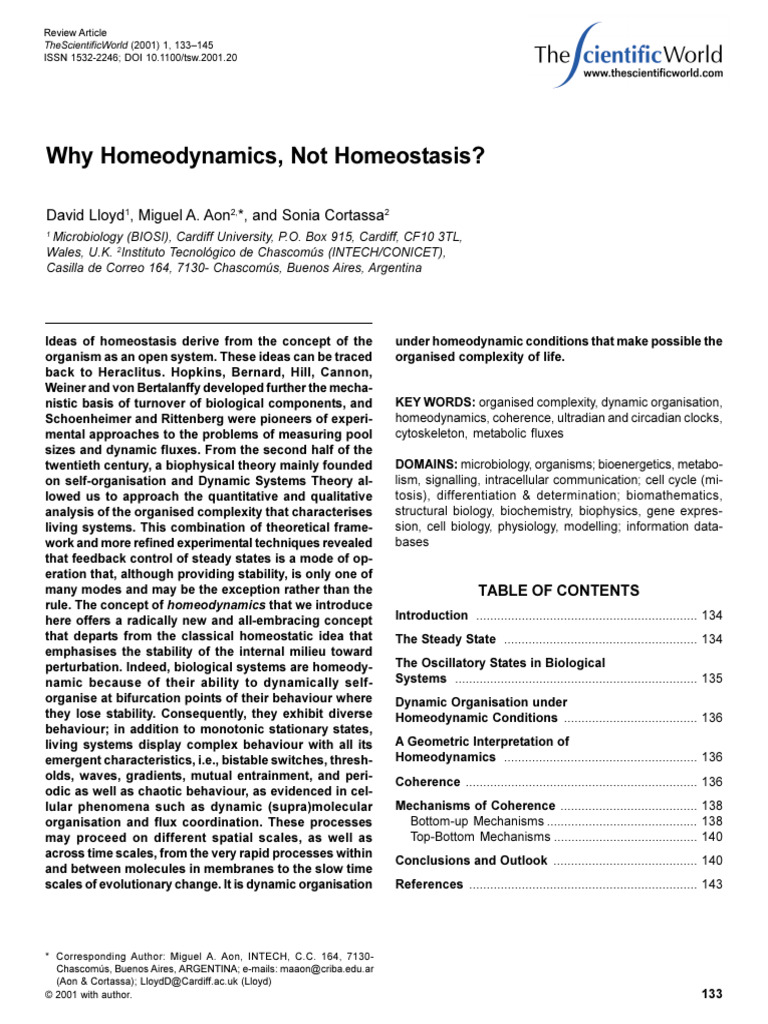 Why Homeodynamics, Not Homeostasis?: David Lloyd, Miguel A. Aon, and ...