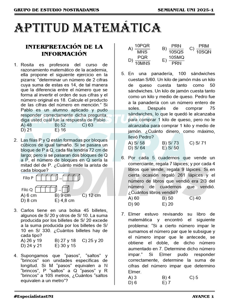 Saub 2025 1 Aptitud Matematica A1 | PDF