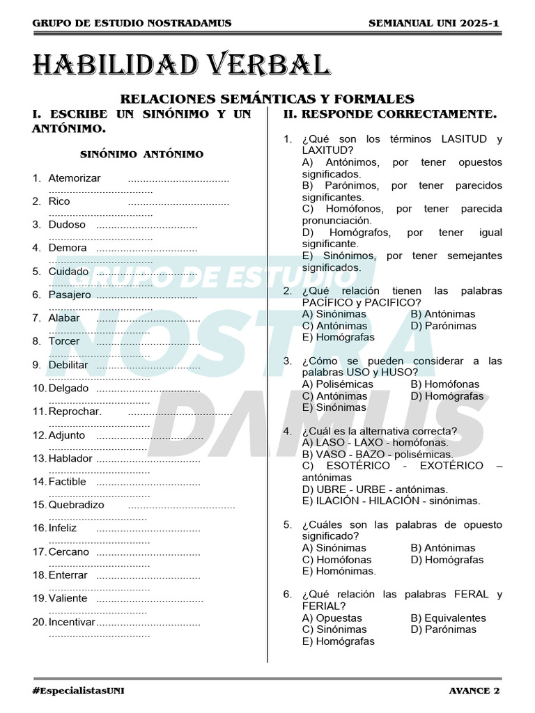 Saub 2025 1 Aptitud Verbal A2 | PDF
