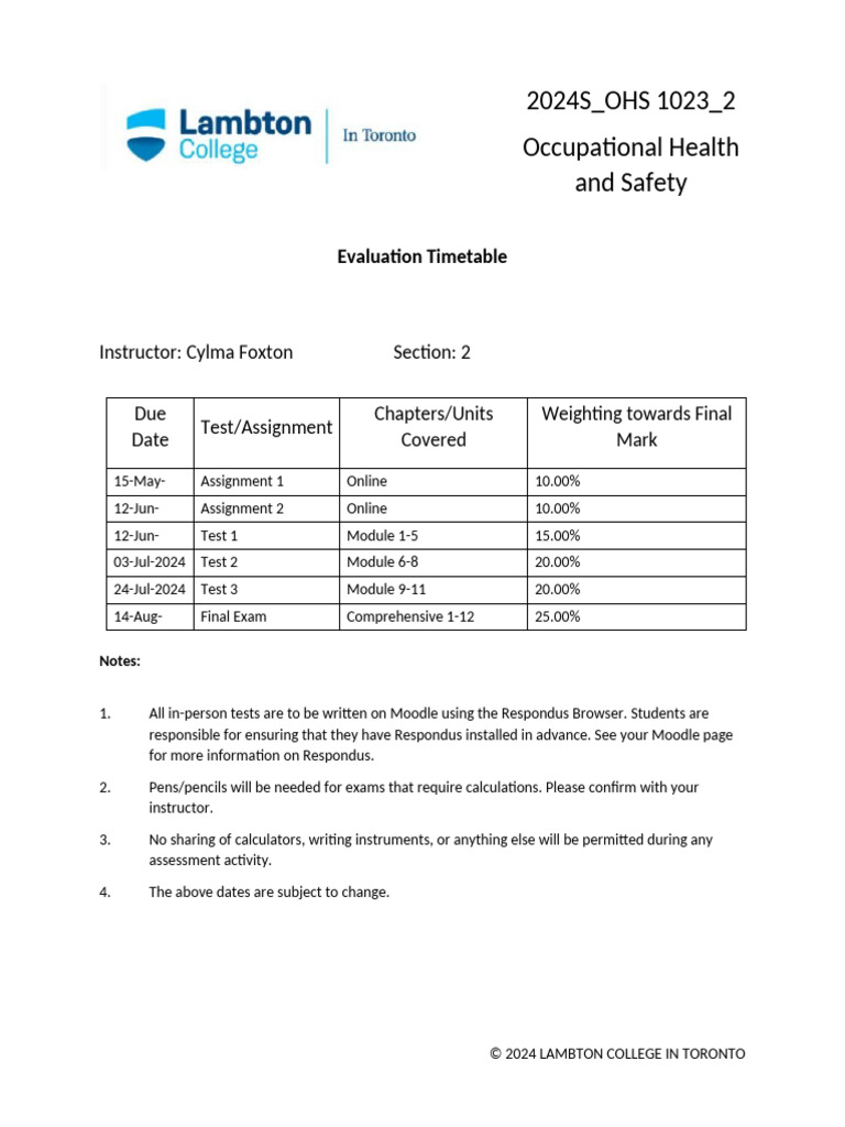Evaluation Timetable-2024S - OHS 1023 - 2 | PDF