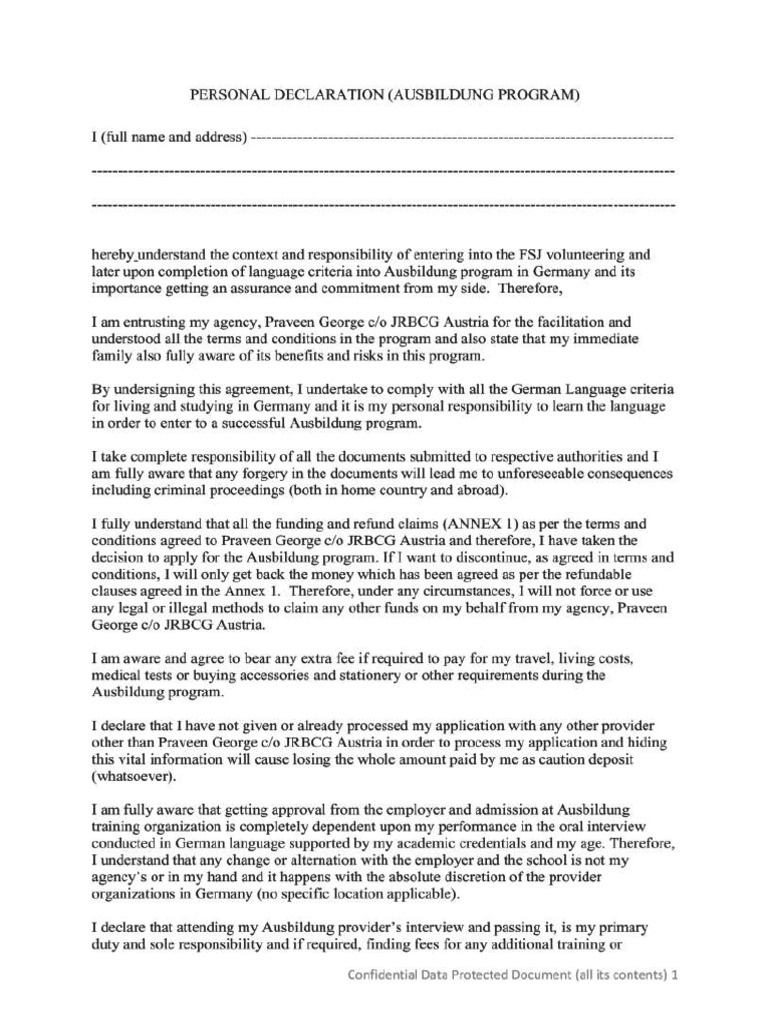 Personal Declaration For Ausbildung Program 2024-2025 - Praveen George ...
