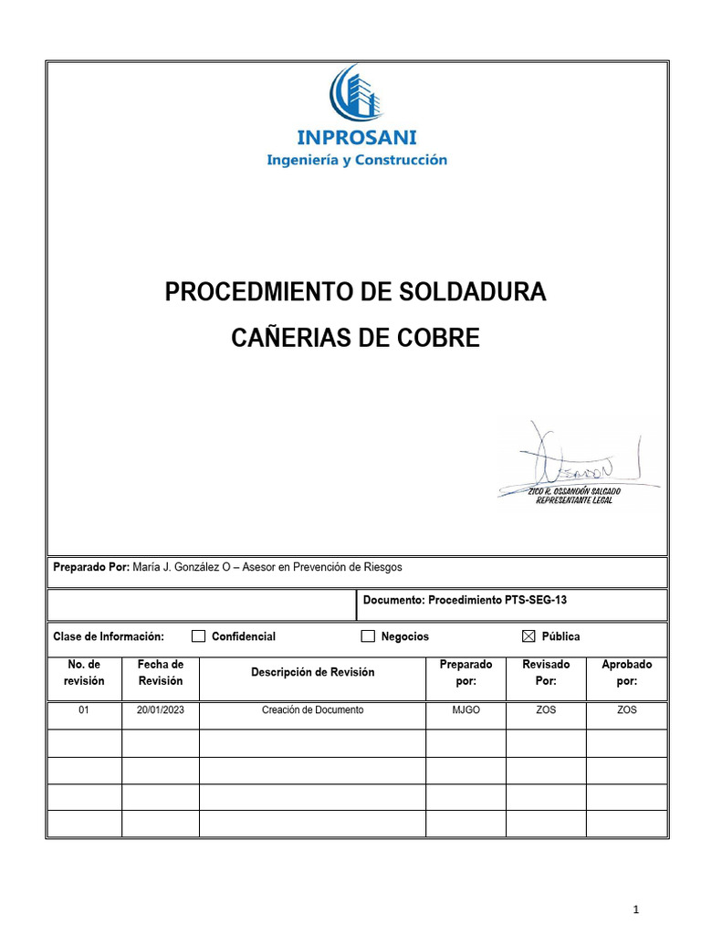 Procedimiento Trabajo Seguro Pt-Seg-013 Soldaduras Cobre | PDF | Soldadura | Construcción