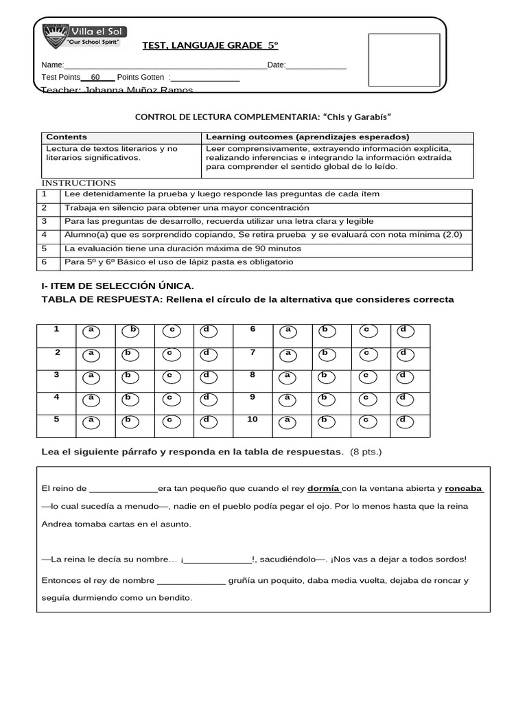 Control Chis y Garabis 5º | PDF