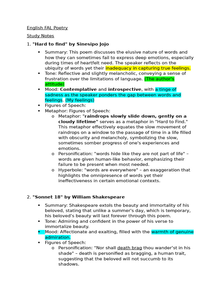 English FAL Poetry Study Notes | PDF