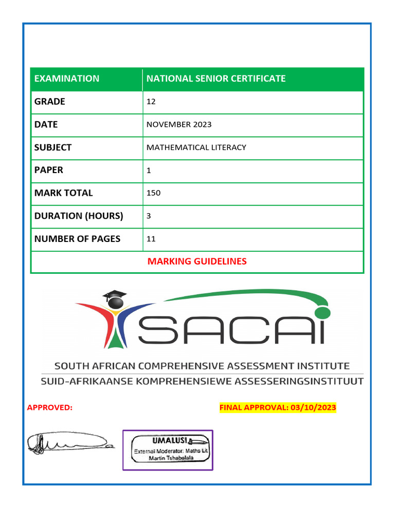2023 ML Grade 12 Final Examination Memorandum Paper 1 | PDF