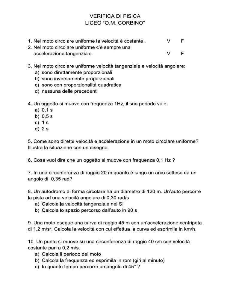 Fac Simile Verifica Moto Circolare Unif | PDF
