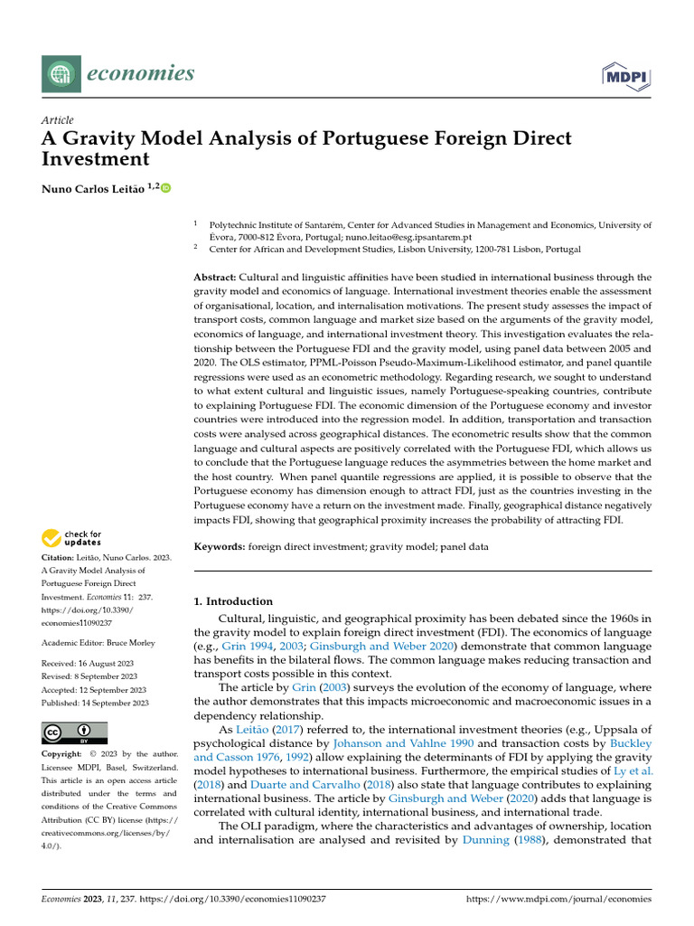 A Gravity Model Analysis of Portuguese Foreign Direct | PDF