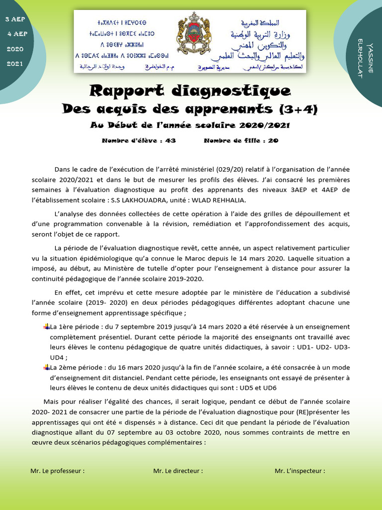 Ex3-Rapport Dévaluation Diagnostique 3+4eme Aep | PDF