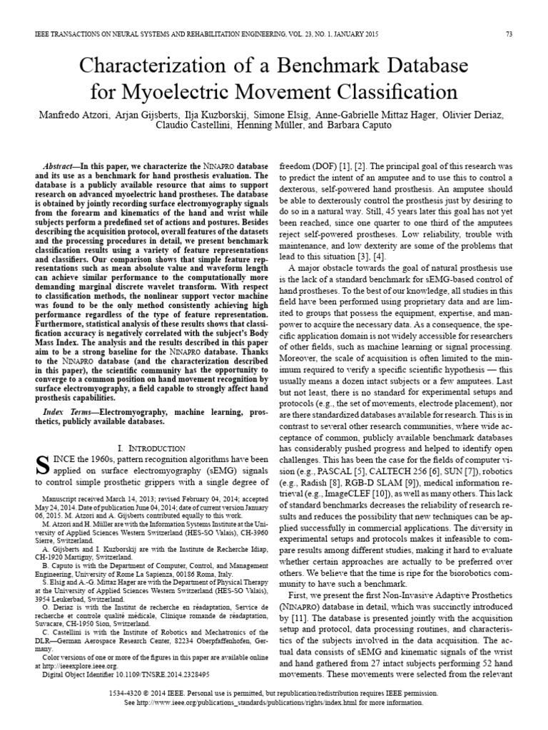 Characterization of A Benchmark Database For Myoelectric Movement Classification | PDF