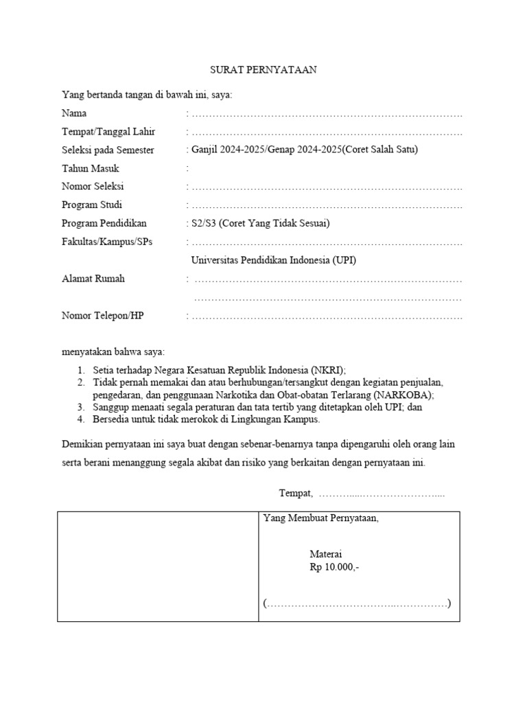 Contoh Surat Pernyataan Upi | PDF