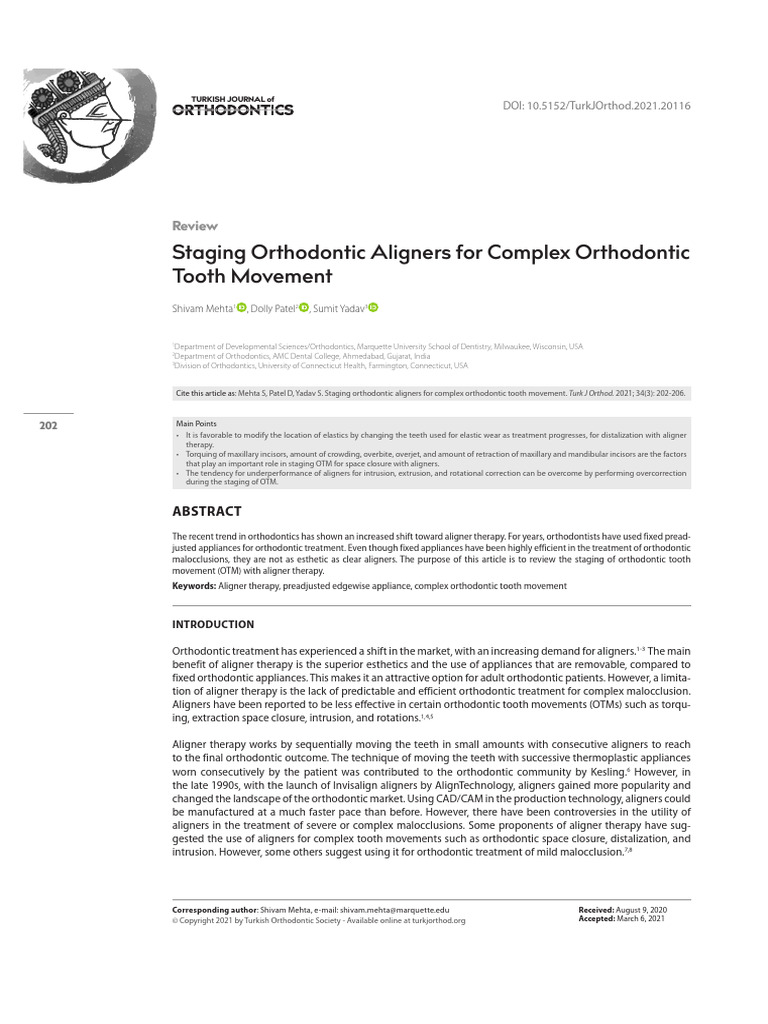 Staging Orthodontic Aligners For Complex Orthodontic Tooth Movement | PDF