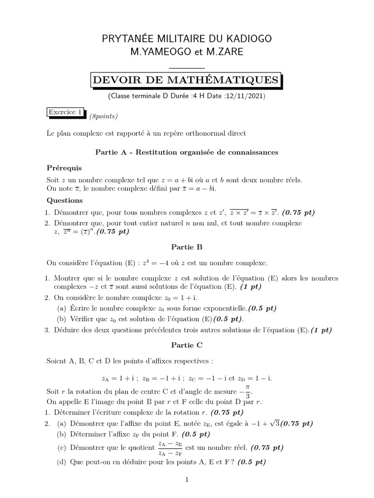 Devoir Terminale D PMK-1 | PDF