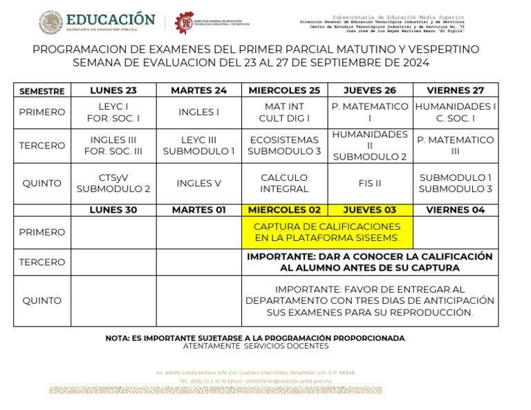 Programacion de Examenes Primer Parcial | PDF
