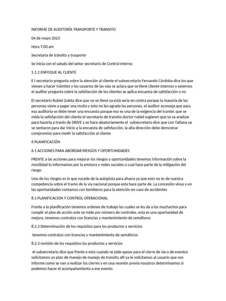 Informe de Auditoría Transporte y Transito | PDF