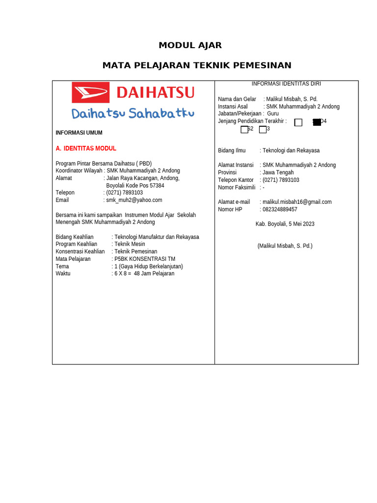 Modul Ajar - Malikul Misbah - Teori Pemesinan NC CNC CAM | PDF