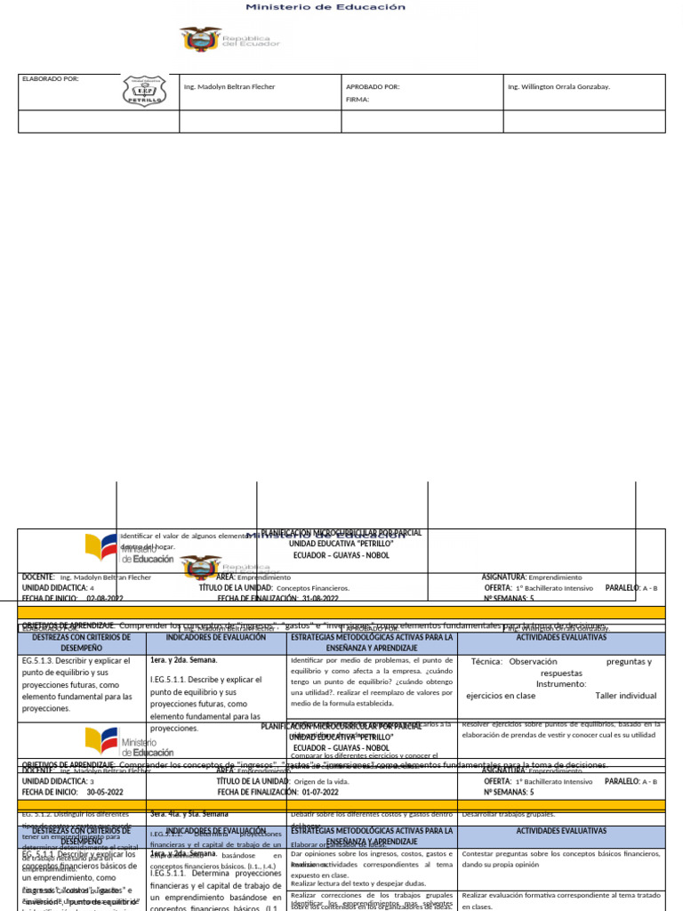 Planificaciones 1ero Bgu Fase Costa 2022-2023 | PDF