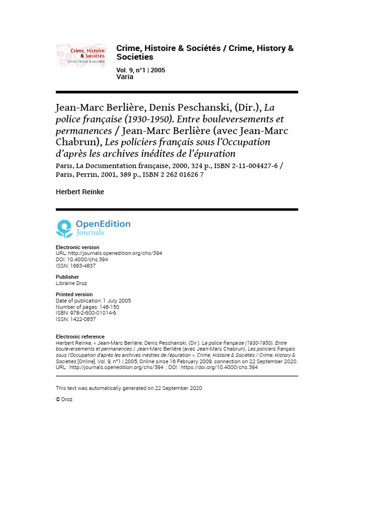 Reinke, Herbert - Jean-Marc Berliere, Denis Peschanski - La Police ...