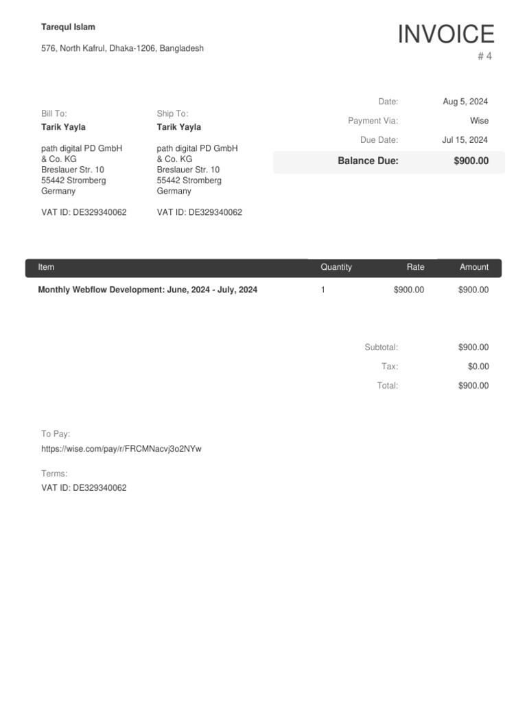 Invoice #4 - 5th August 2024 - Old | PDF