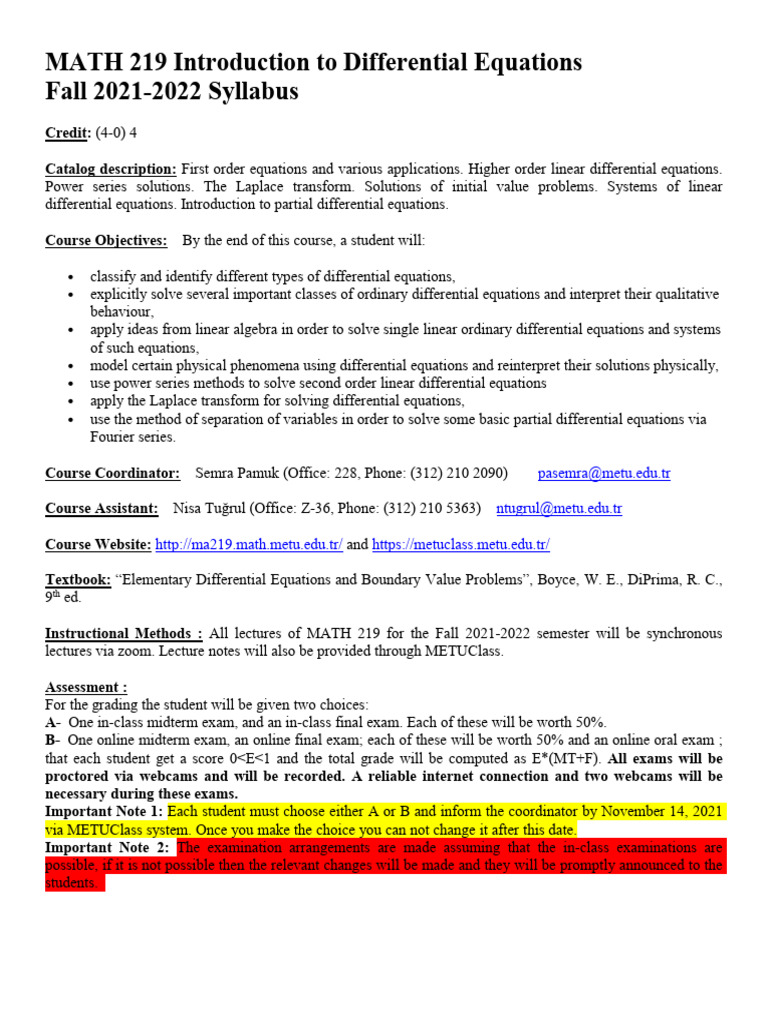 MATH 219 Introduction To Differential Equations 2021 2022syllabus | PDF
